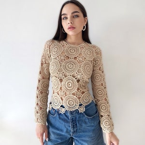 Crochet Beige Blouse Lace Crochet Top Crochet Sweater Vintage Crochet ...