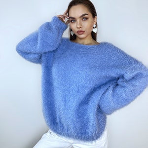 Wool Free Soft Fluffy Blue Hand Knit Body Friendly Sweater Open Back ...