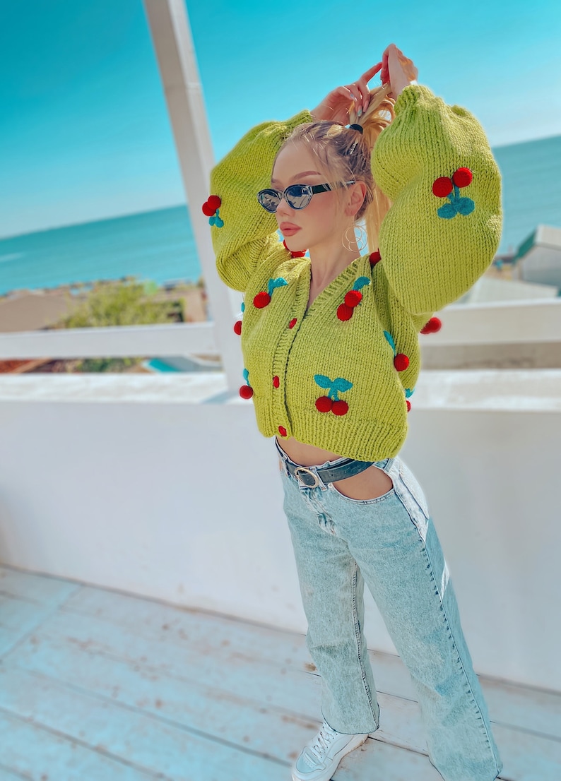 Chunky Knit Green Crop Cherry Cardigan Strawberry Cardigan - Etsy