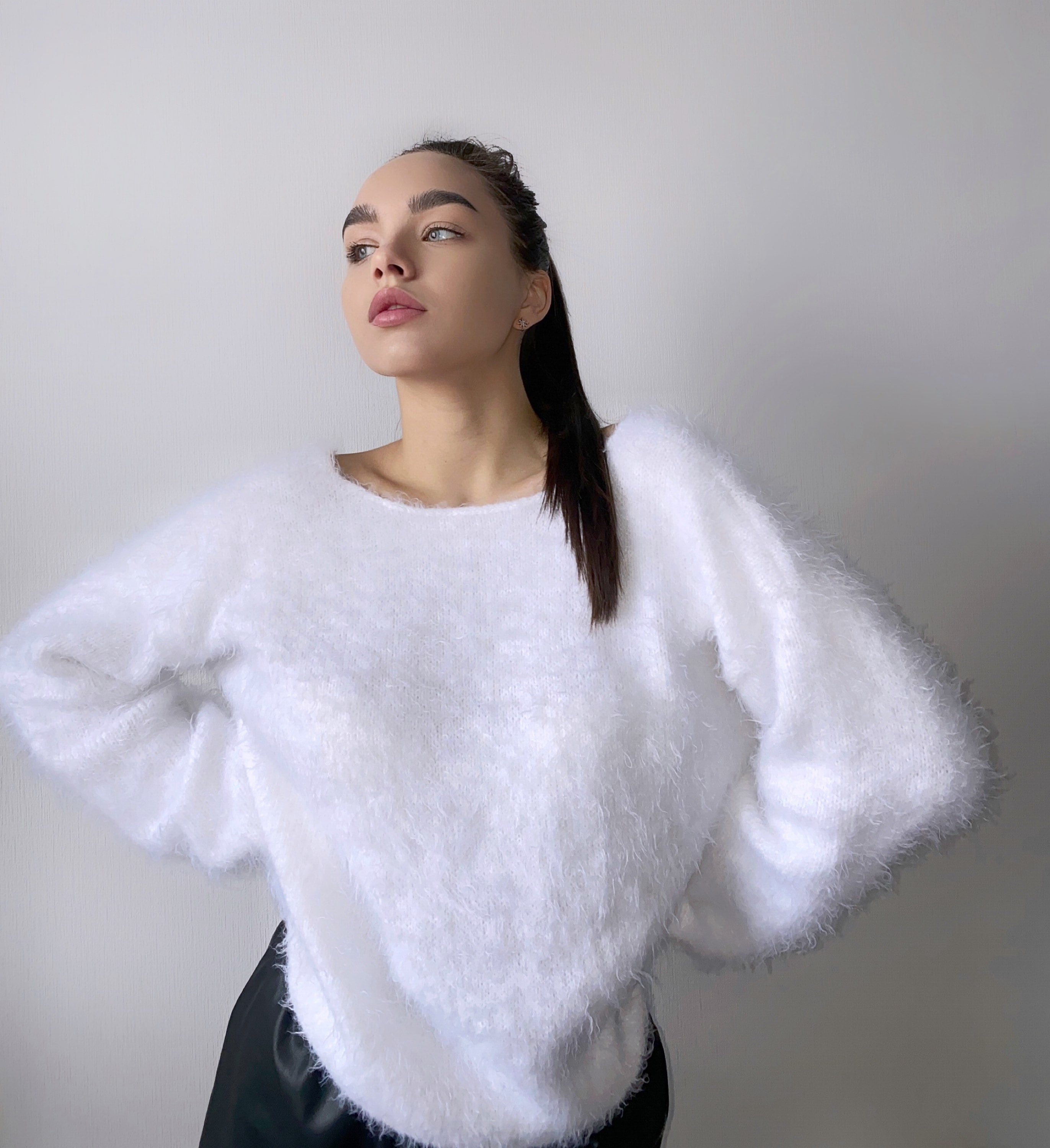 White Soft Fluffy Hand Knit Body Friendly Sweater Open Back Deep ...