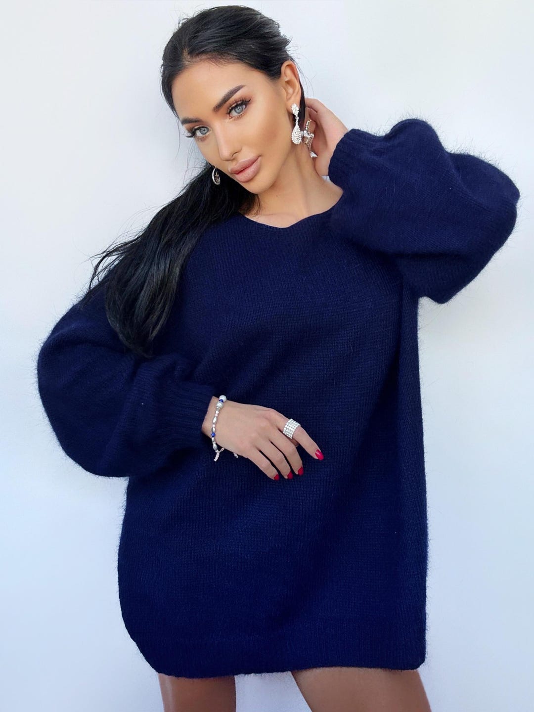 Dark Blue Angora Knit Sweater Knit Fluffy Angora Pullover Round Collar ...
