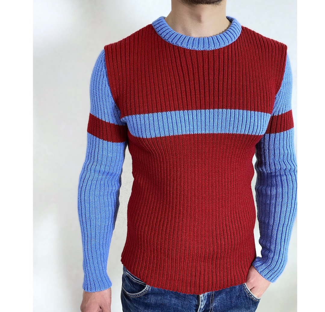 Hand Knit Mens Sweater Men's Turtleneck Blue Red Mens Knitted Sweater ...