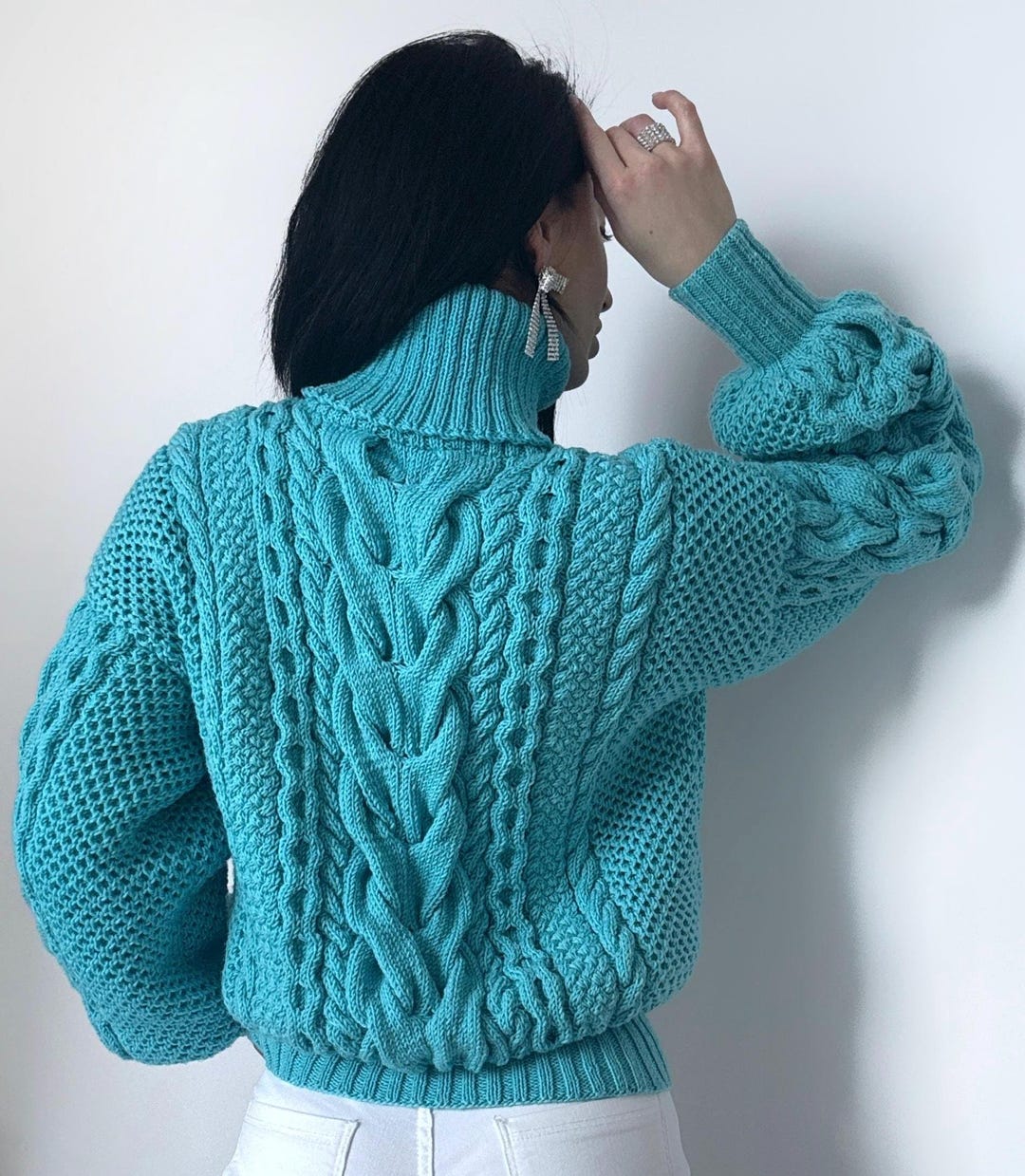 Hand Knitted Soft Merino Wool Light Blue High Collar Sweater Chunky ...