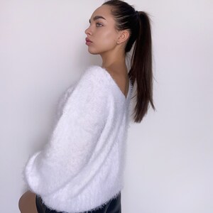 White Soft Fluffy Hand Knit Body Friendly Sweater Open Back Deep ...