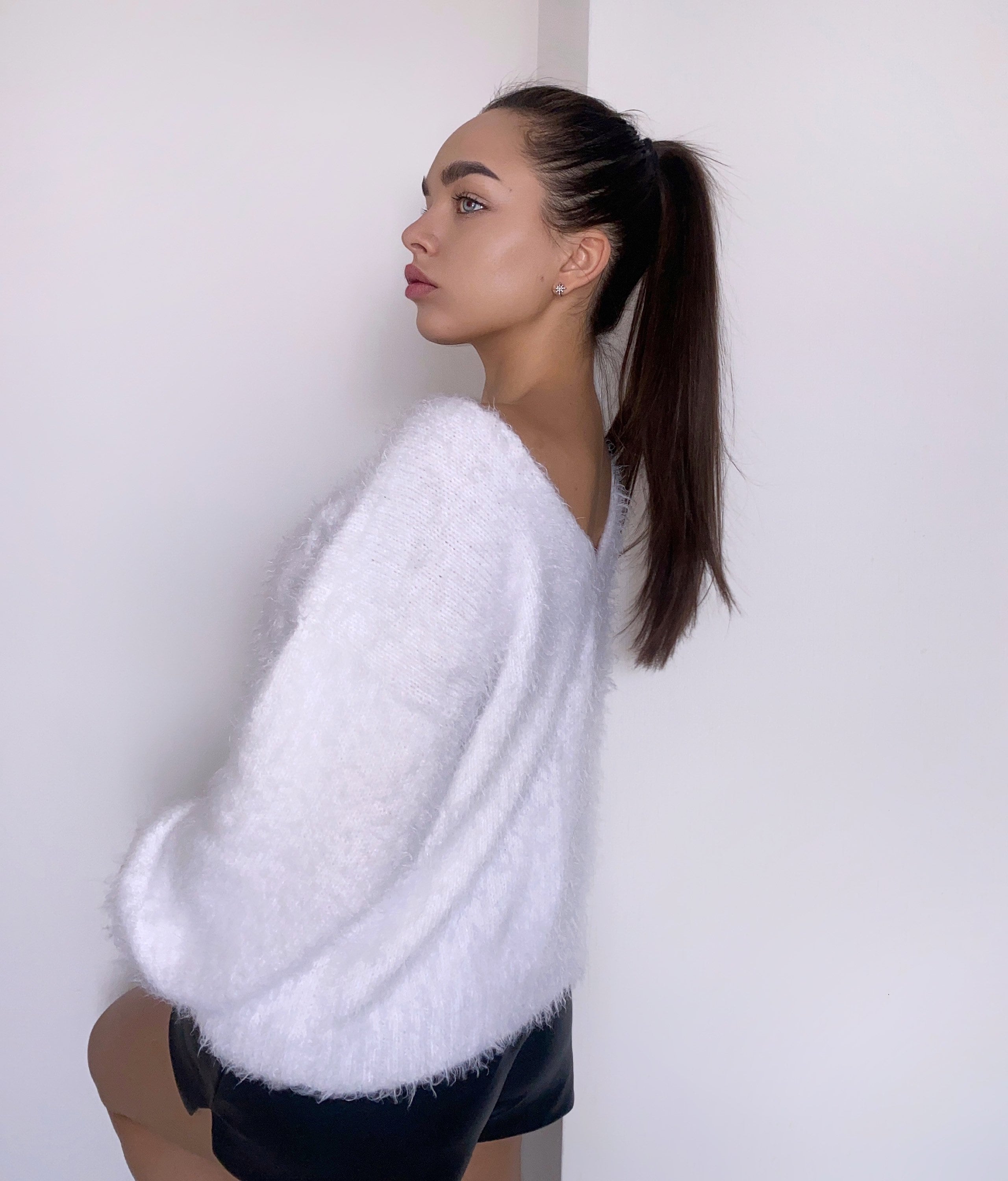 White Soft Fluffy Hand Knit Body Friendly Sweater Open Back Deep ...