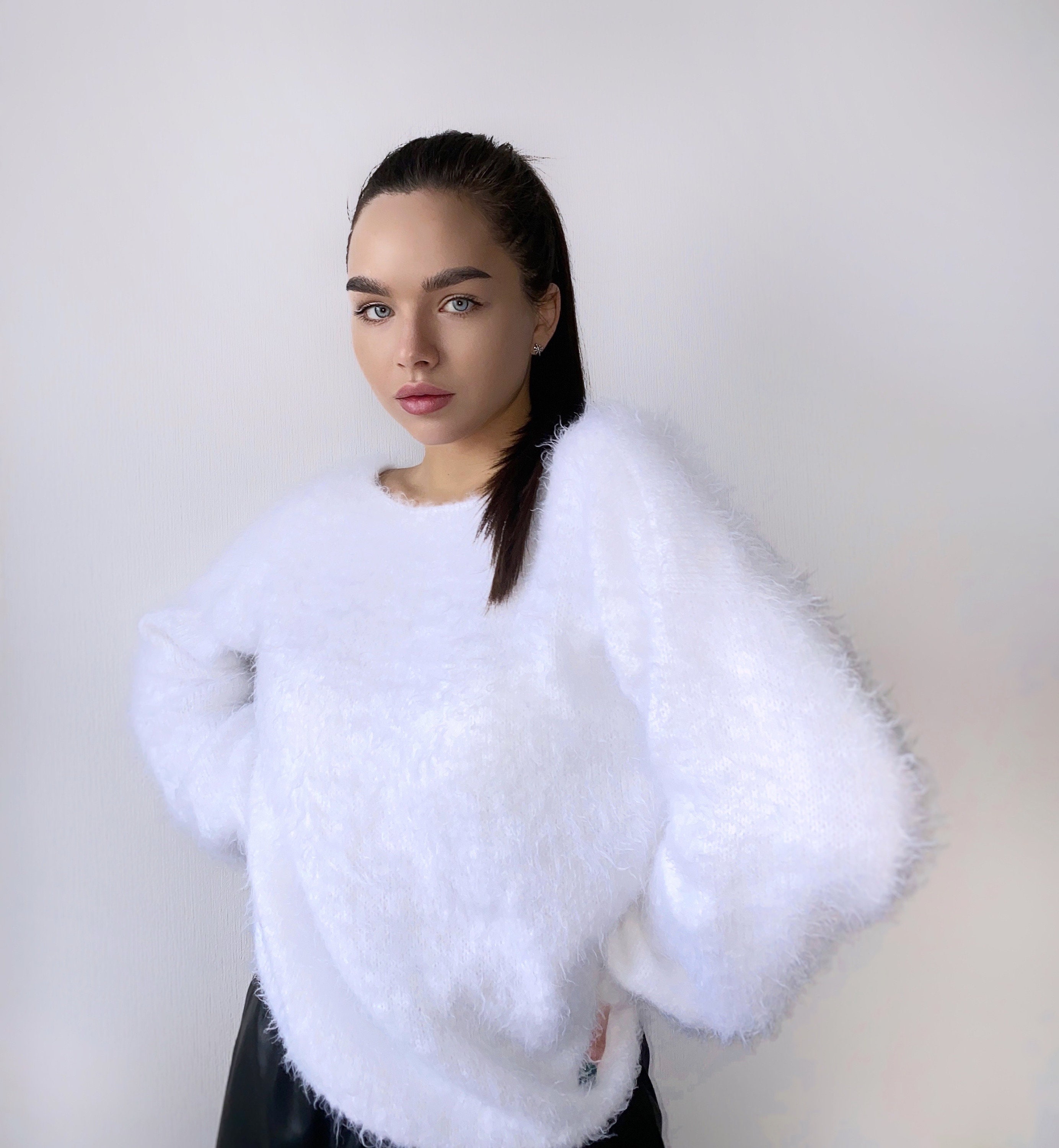 White Soft Fluffy Hand Knit Body Friendly Sweater Open Back Deep ...