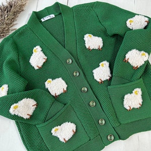 Knitted Green Sheep Cardigan for Women Chunky Knit Cardigan Patch ...