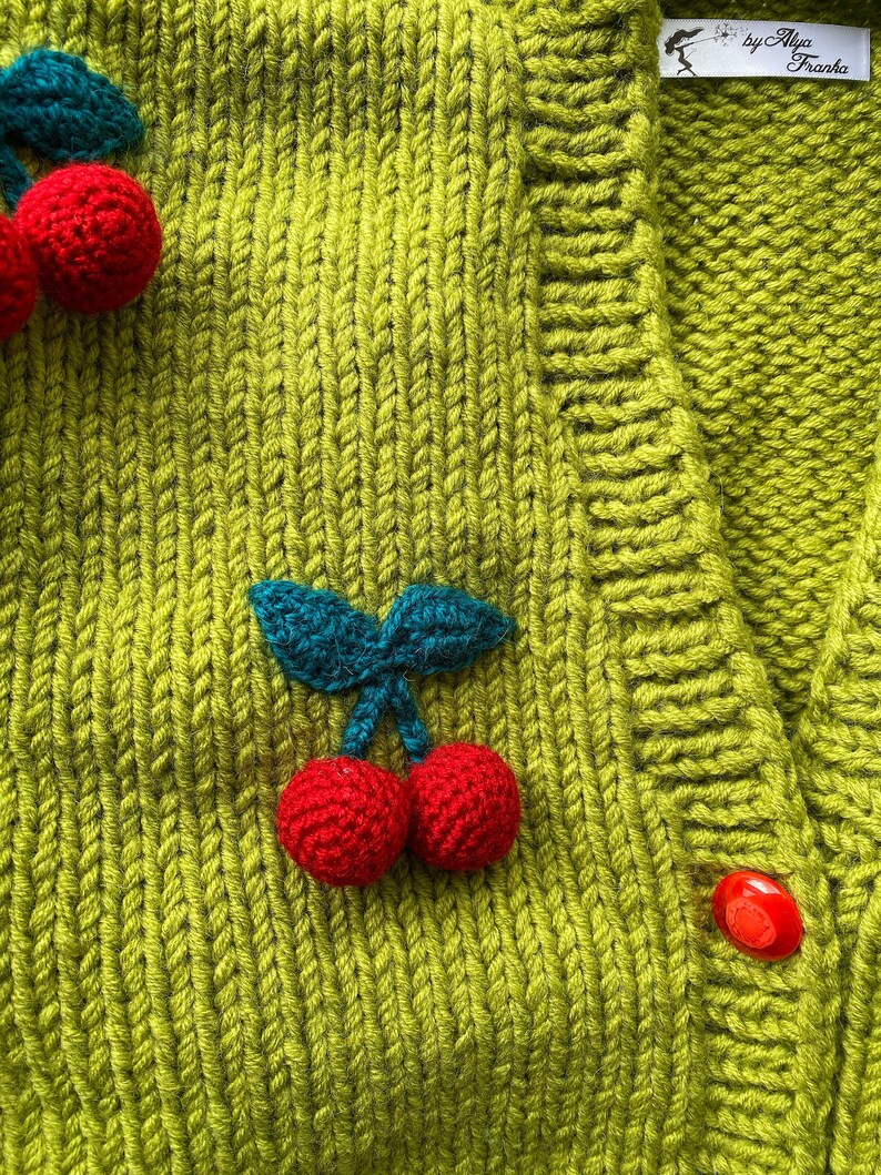 Chunky Knit Green Crop Cherry Cardigan Strawberry Cardigan Knitted Crop ...