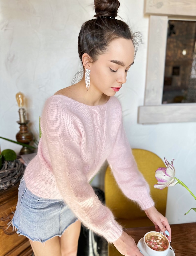 Light Pink Angora Sweater Open Back Deep Neckline Knit Pastel Fluffy ...