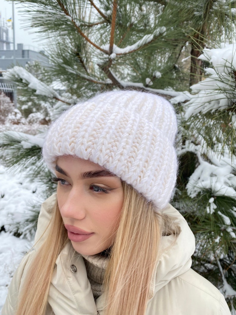 White Mohair Wool Chunky Knit Hat Women Hand Knitted Volume Beanie Hat ...