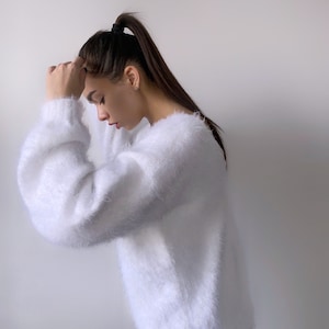 White Soft Fluffy Hand Knit Body Friendly Sweater Open Back Deep ...