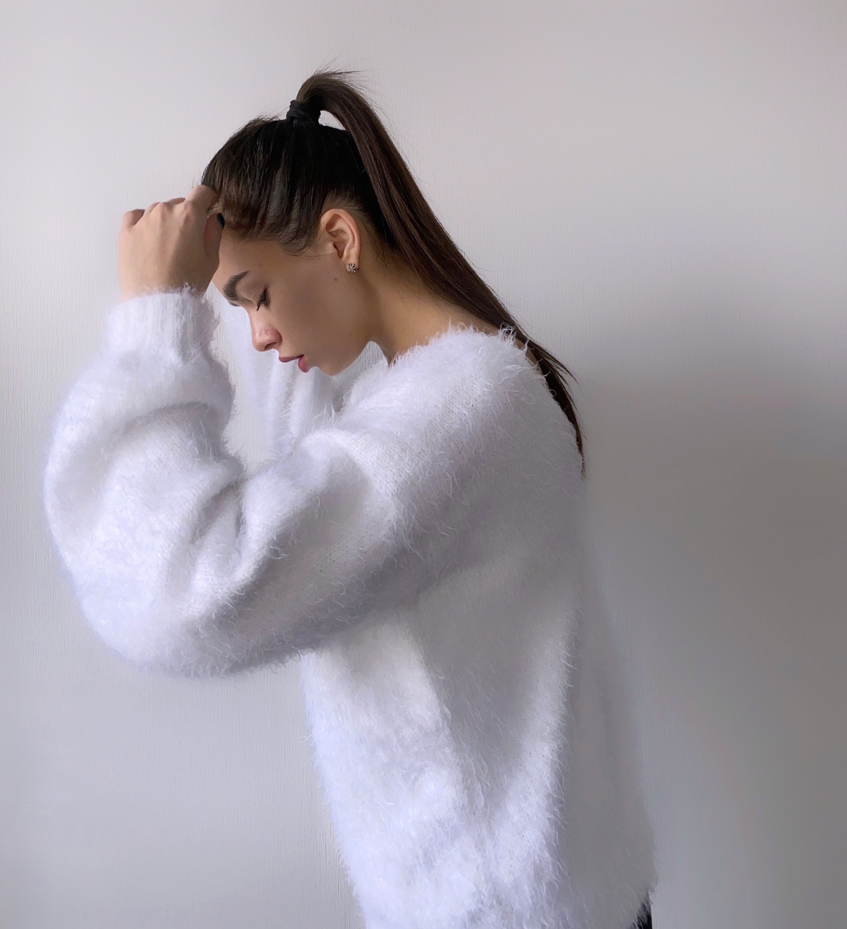 White Soft Fluffy Hand Knit Body Friendly Sweater Open Back Deep ...