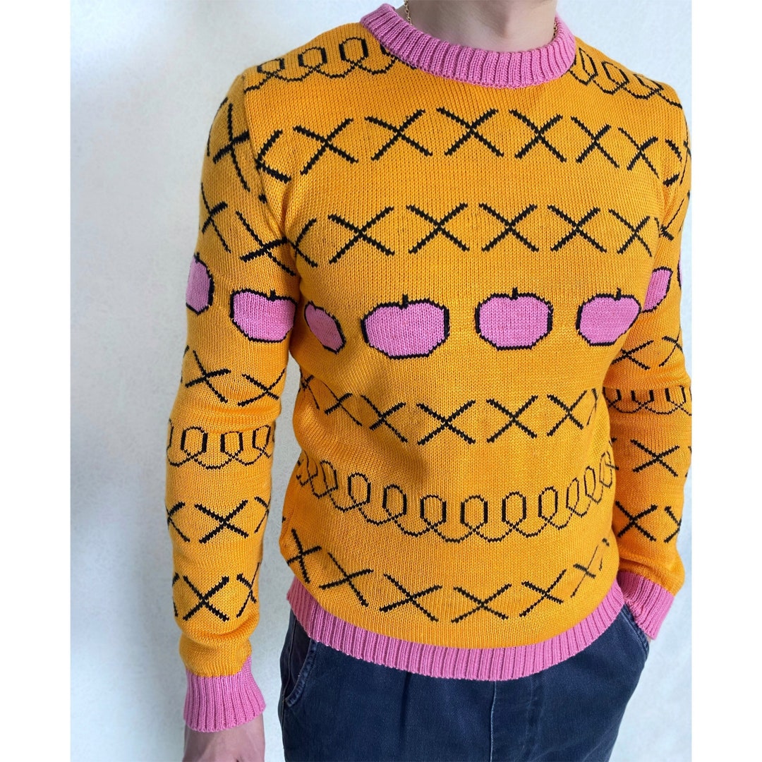 Hand Knit Yellow Sweater Yellow Pink Orange X Knit Apples Pullover Men ...