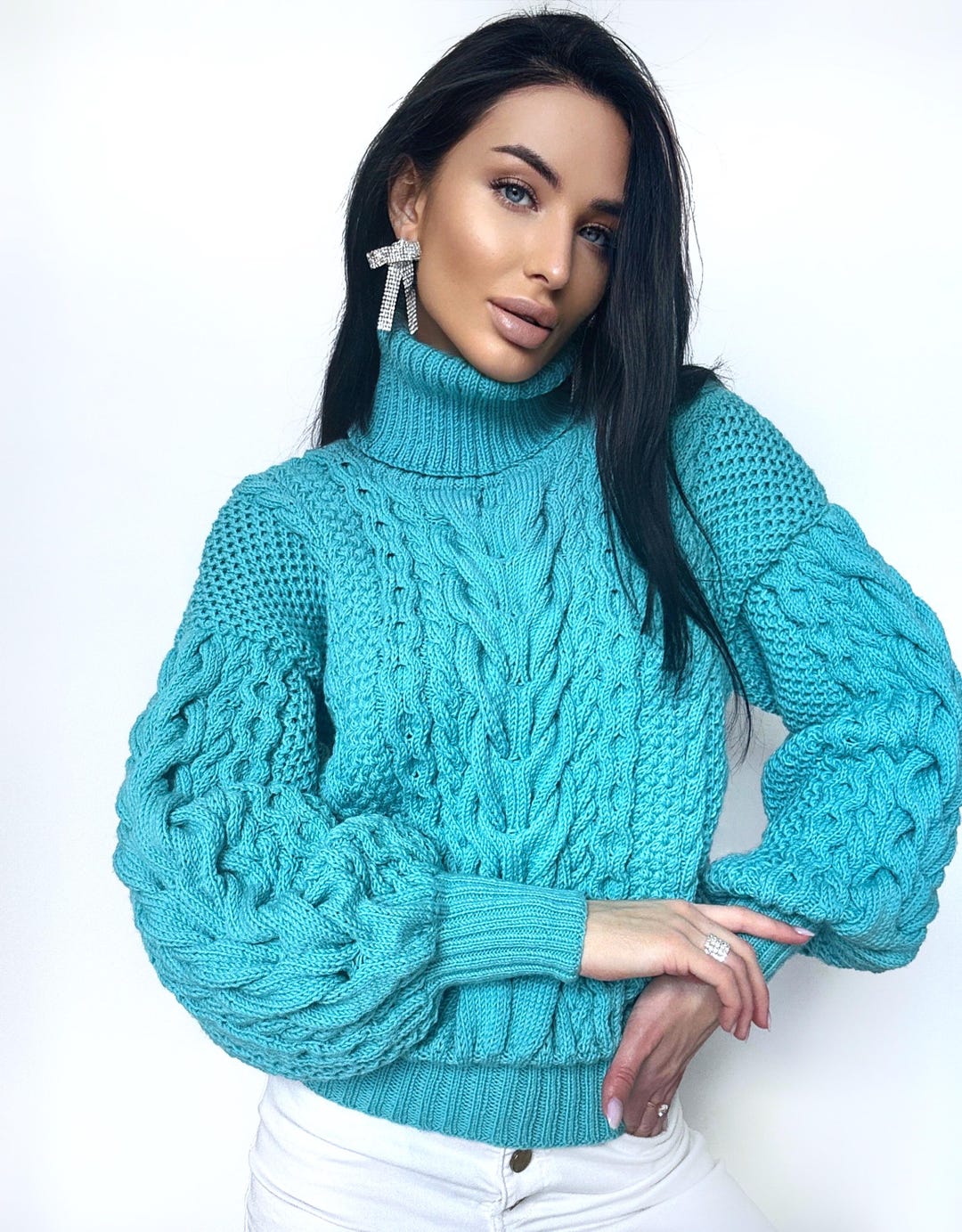 Hand Knitted Soft Merino Wool Light Blue High Collar Sweater Chunky ...
