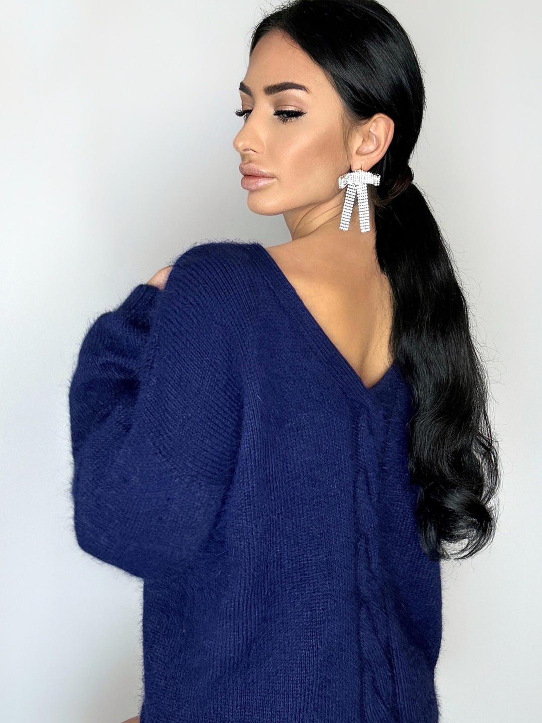 Dark Blue Angora Sweater Open Back Deep Neckline Knit Fluffy Angora ...
