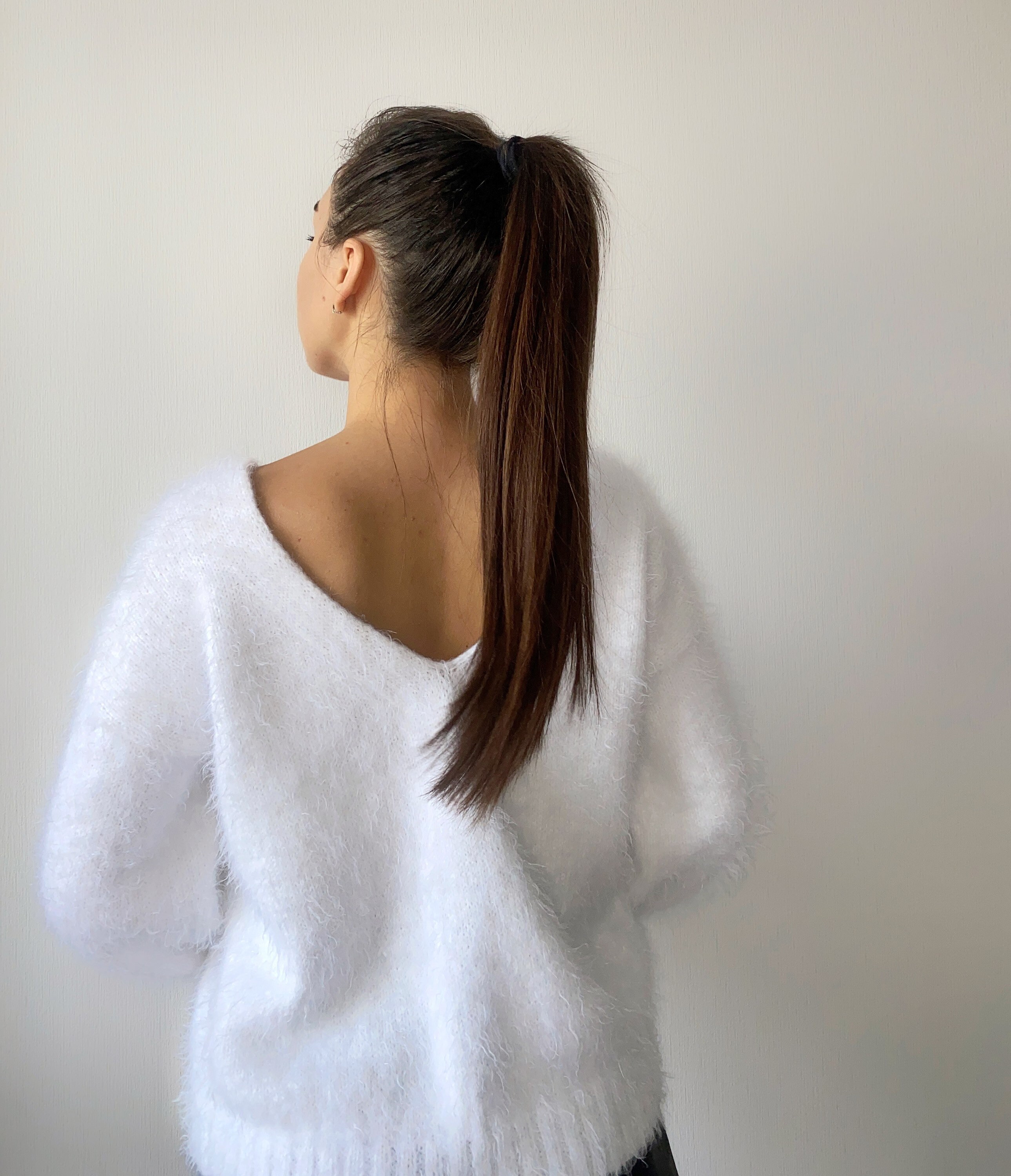 White Soft Fluffy Hand Knit Body Friendly Sweater Open Back Deep ...