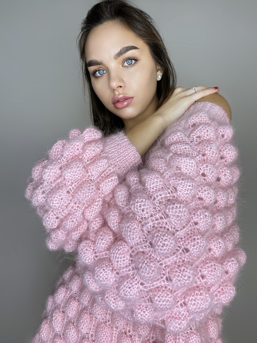 Mohair Pink Oversized Sweater Dress off the Shoulder Chunky Hand Knit ...