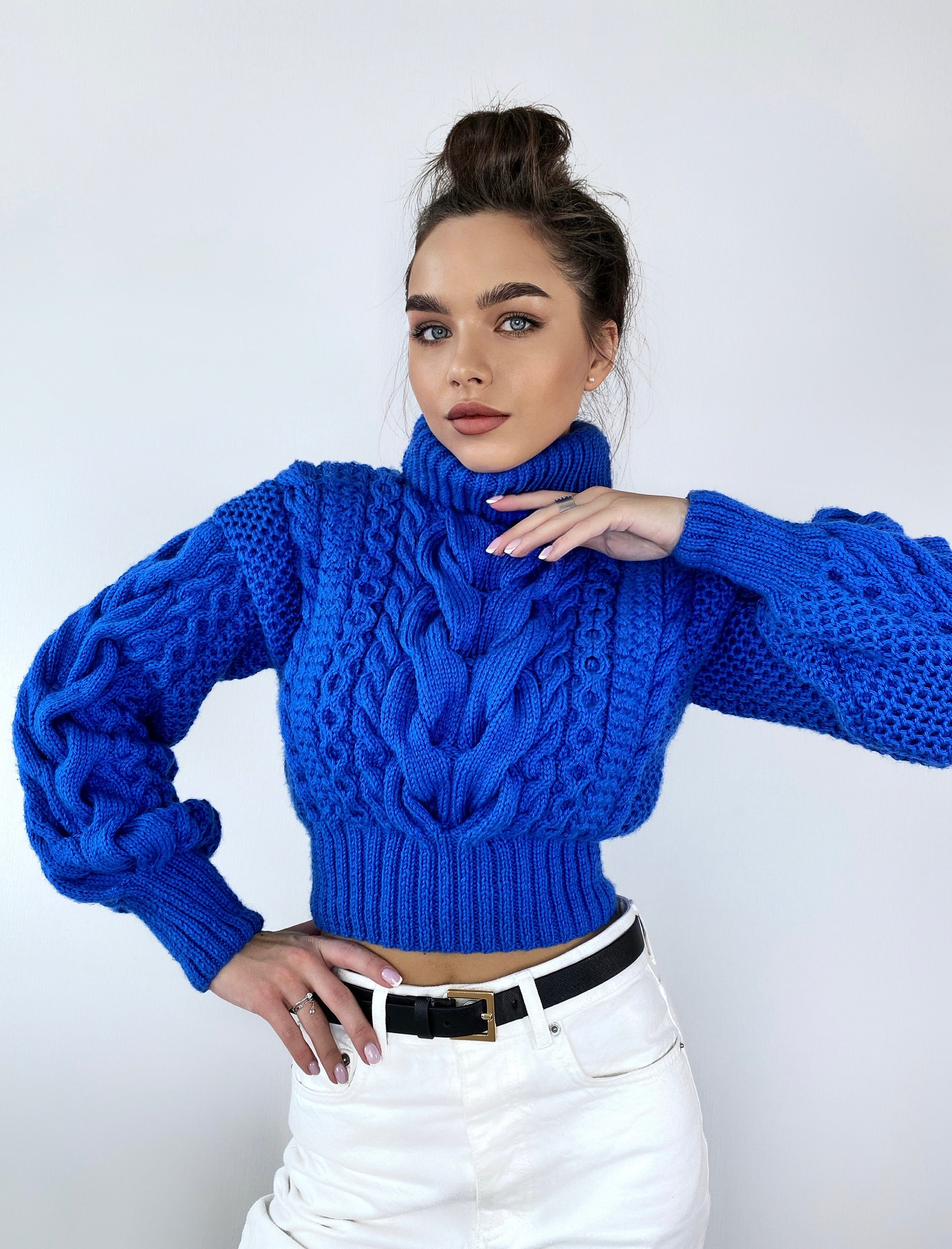 Crop Hand Knitted Blue Sweater Chunky Knit Turtleneck Oversized ...