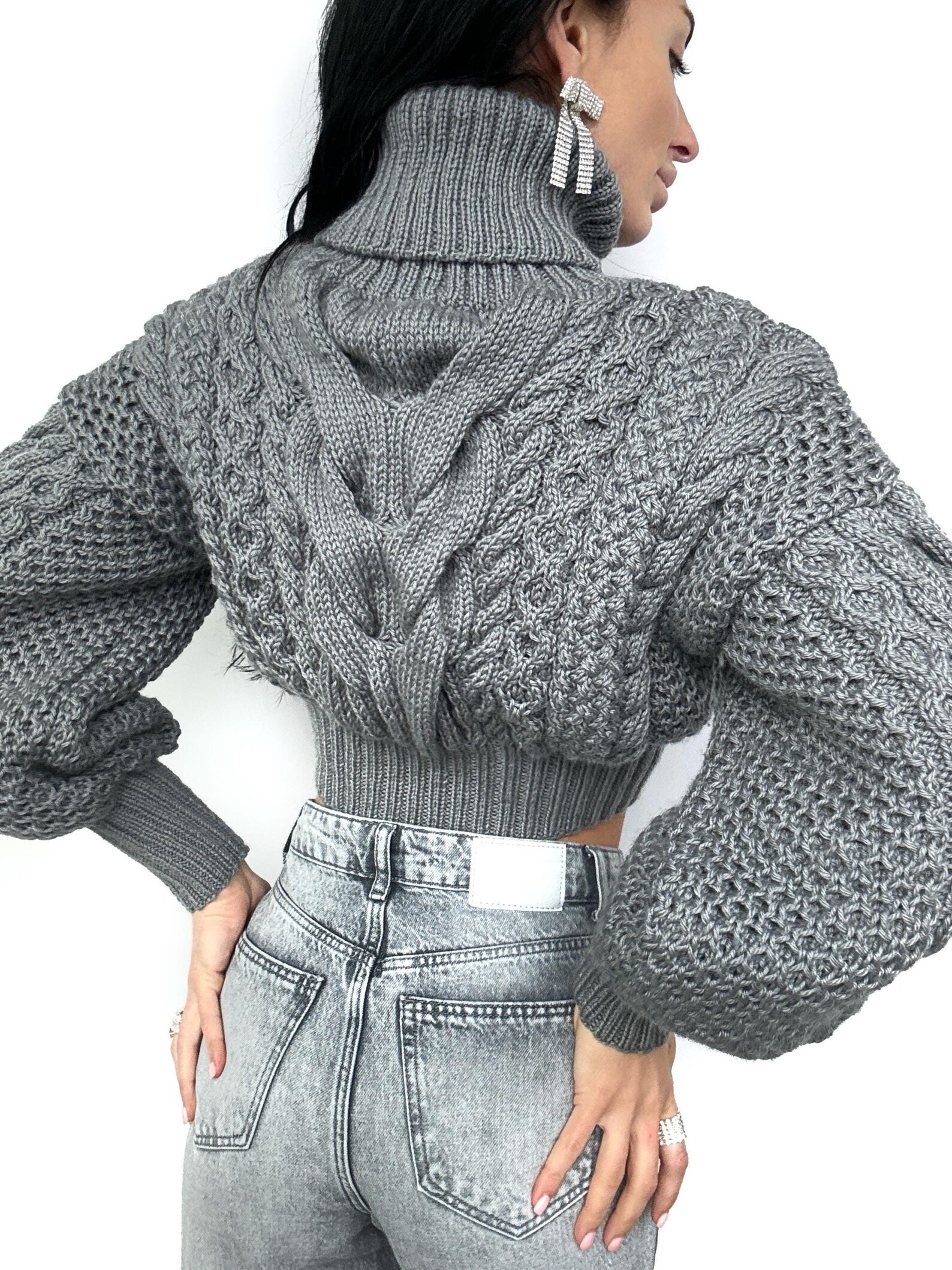Crop Hand Knitted Dark Gray Wool Sweater Chunky Knit Turtleneck ...