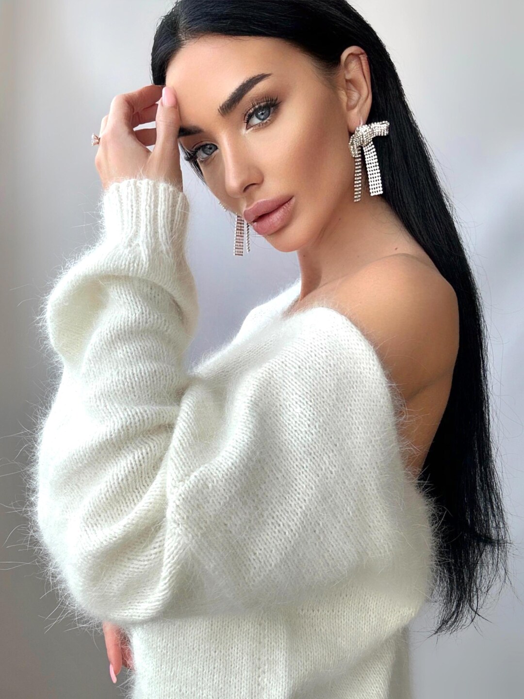 White Milk Cream Angora Sweater Open Back Deep Neckline Knit Fluffy ...