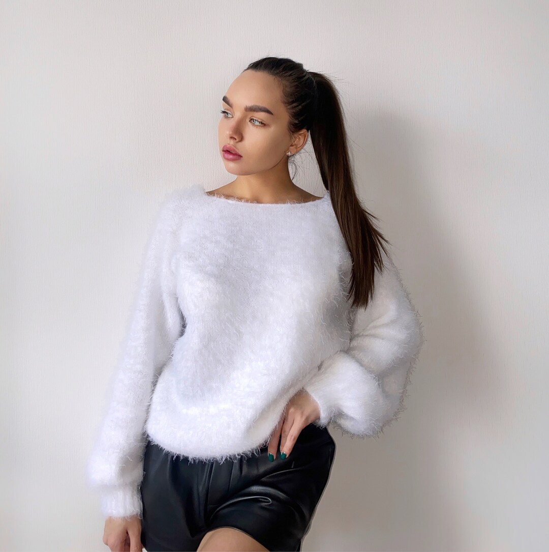 Body Friendly White Knit Sweater Angora Wool Hand Knit Open Back Deep ...