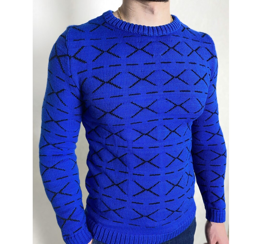 Funny Printed Hand Knitted X Sweater Blue Black Cross Pullover Merino ...