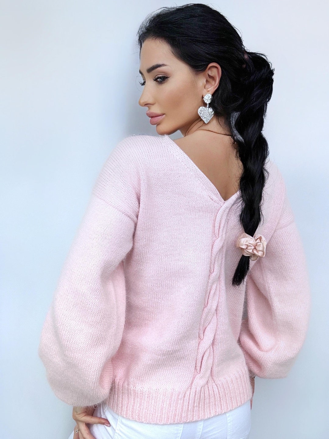 Light Pink Angora Sweater Open Back Deep Neckline Knit Pastel Fluffy ...