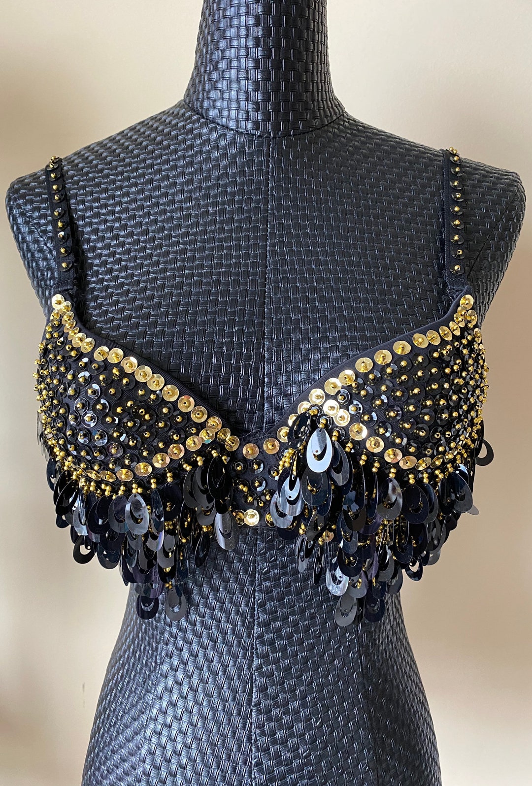 Belly Dance Sequin Beaded Bra Black Gold 32AB Cup - Etsy