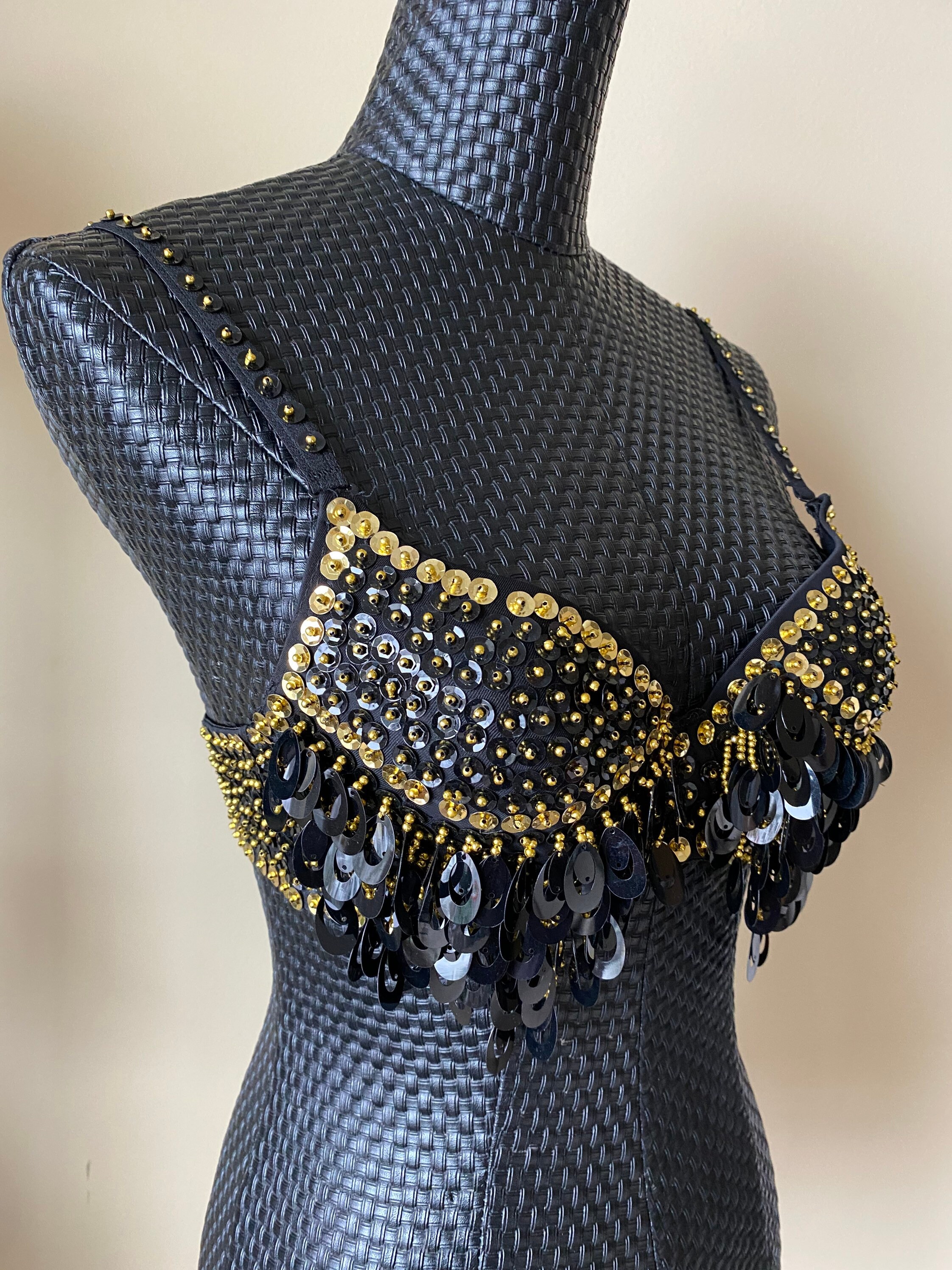 Belly Dance Sequin Beaded Bra Black Gold 32ab Cup Etsy