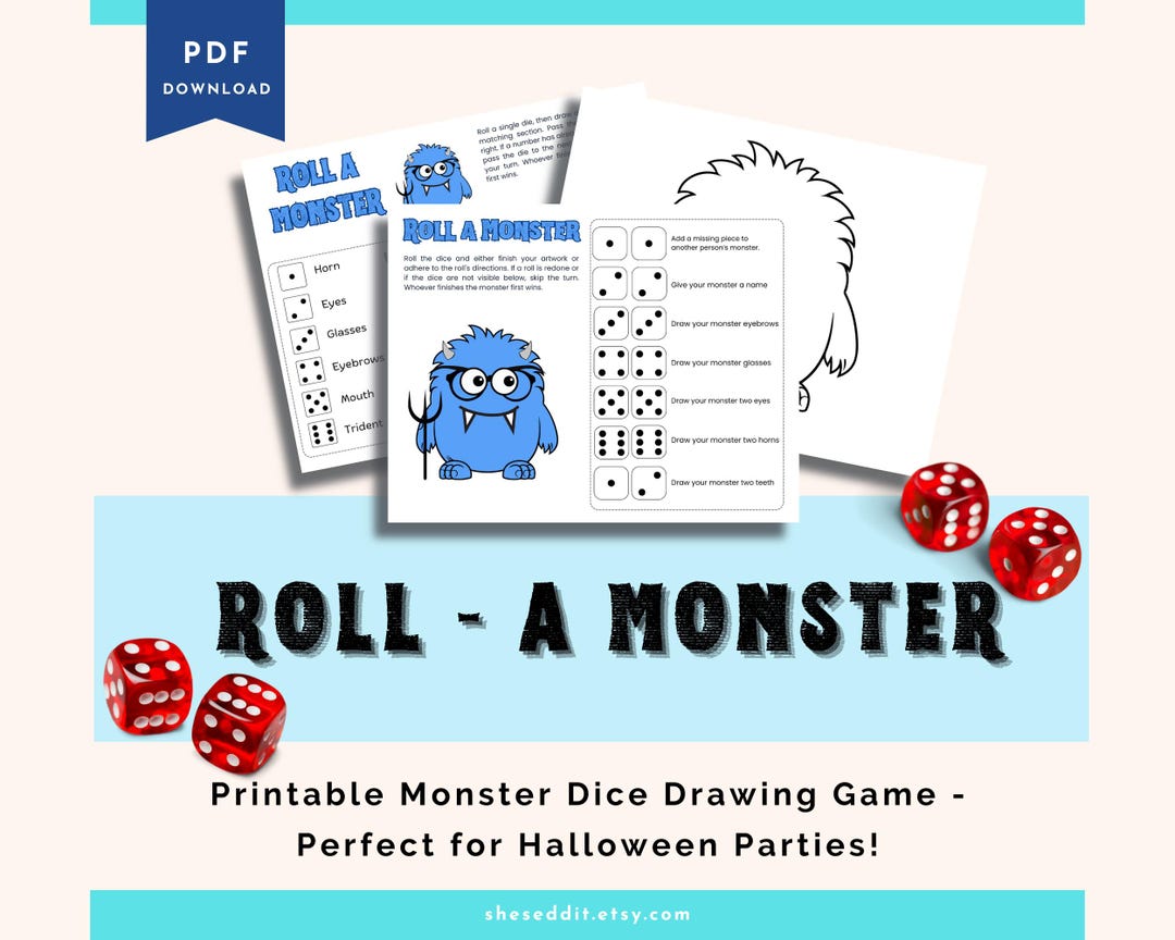 Dice Roll Monster Drawing Game for Kids, Printable Kids Games, Dice ...