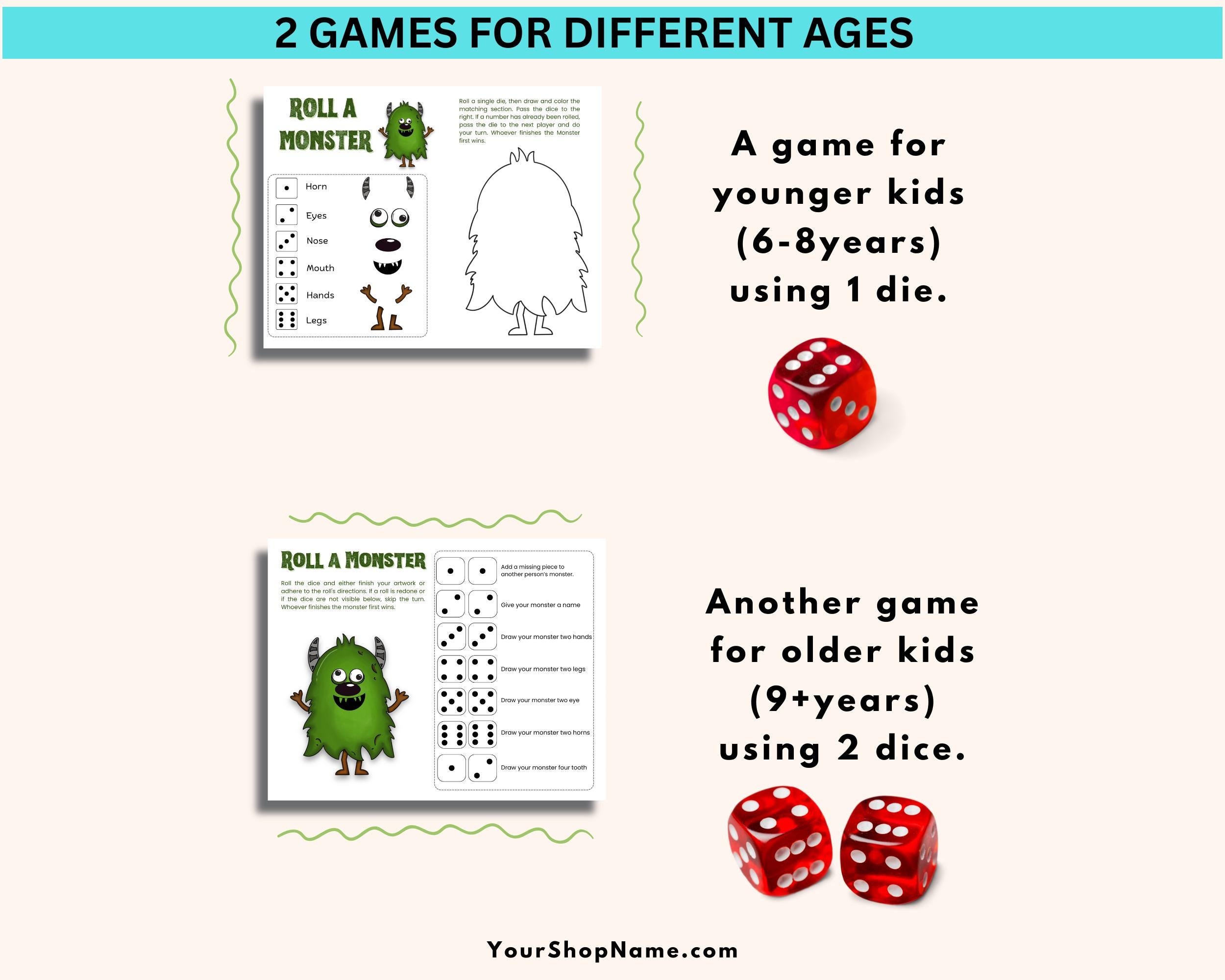 Dice Roll Monster Drawing Game for Kids, Printable Kids Games, Dice ...