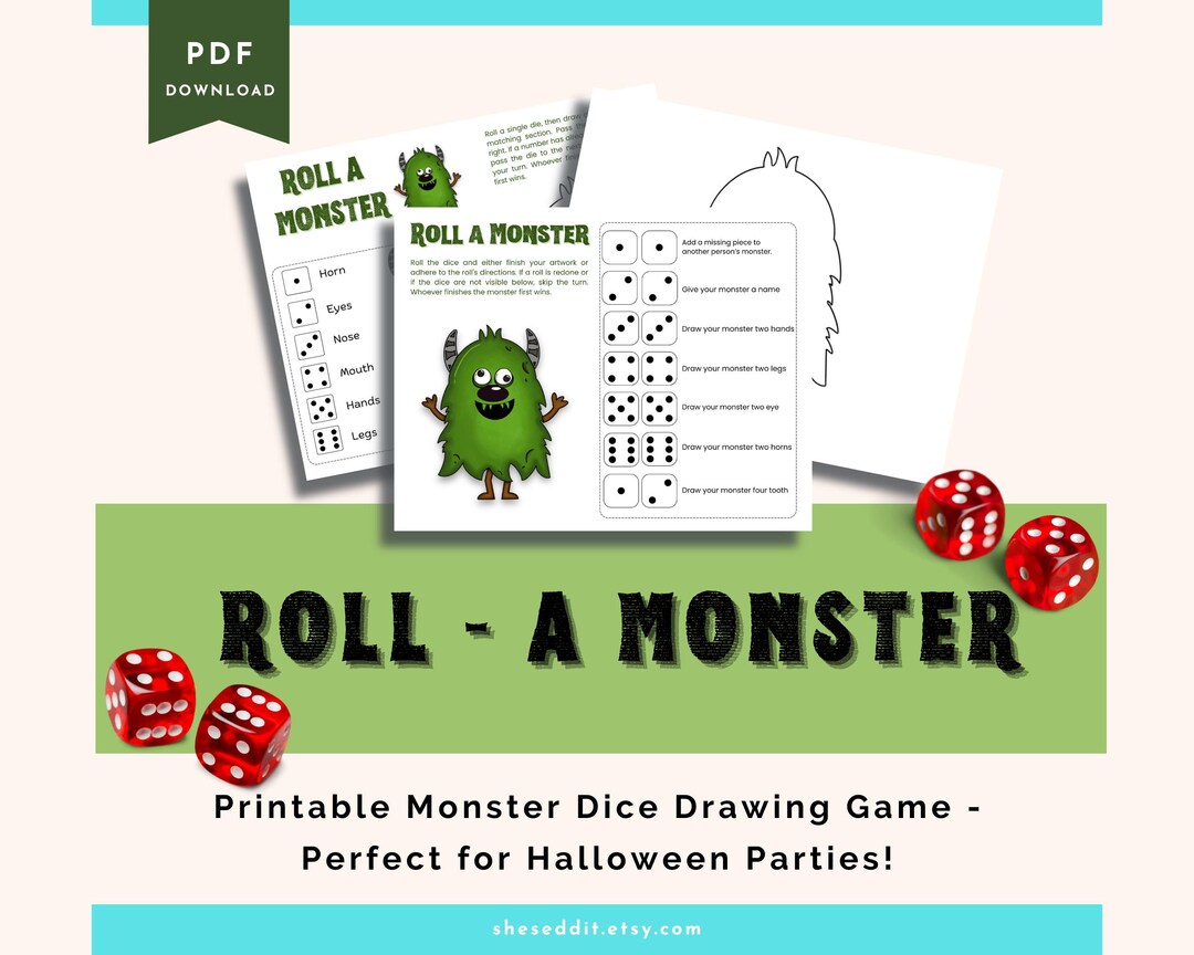 Dice Roll Monster Drawing Game for Kids, Printable Kids Games, Dice ...