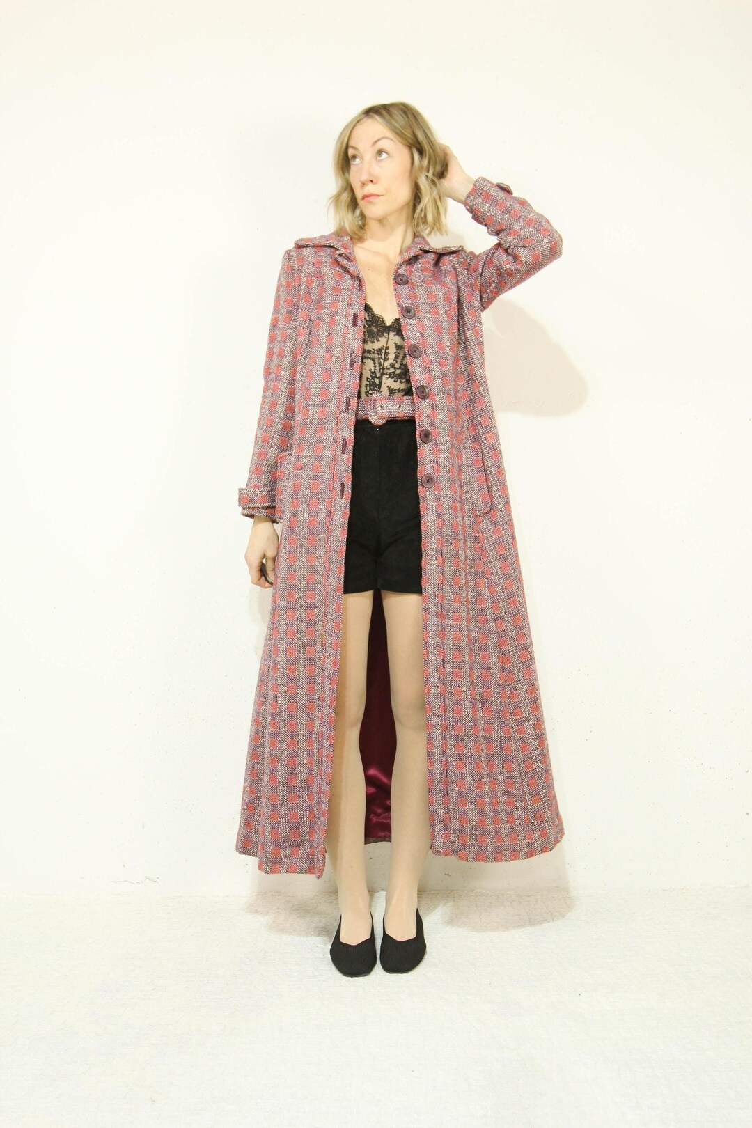 M. 1970s Handmade Vintage Tweed Maxi Coat in a Purple & Pink Check ...