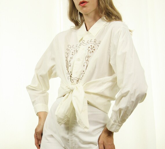 Plus Size Vintage 1990s White Blouse with Western Bib… - Gem