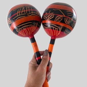 Vintage Hand Etched Wooden Maracas | Set of 2 Colourful Shakers ...