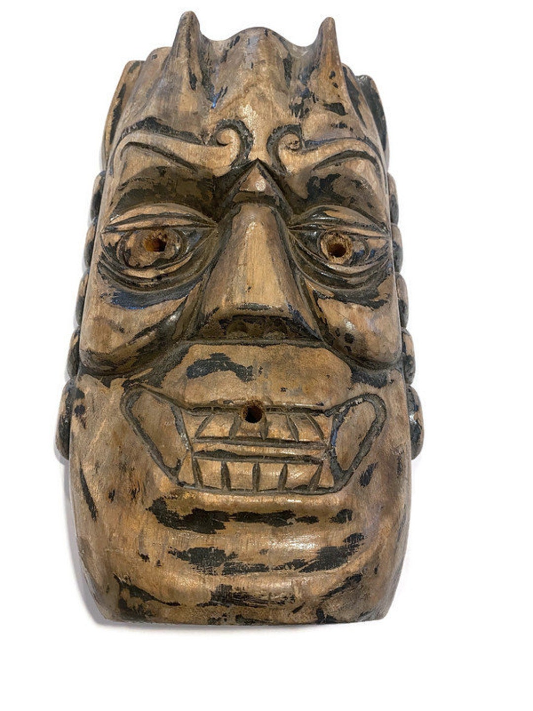 Solid Wood Carved Devil Mask Japanese Oni Style Demon Wood Carving Hand ...