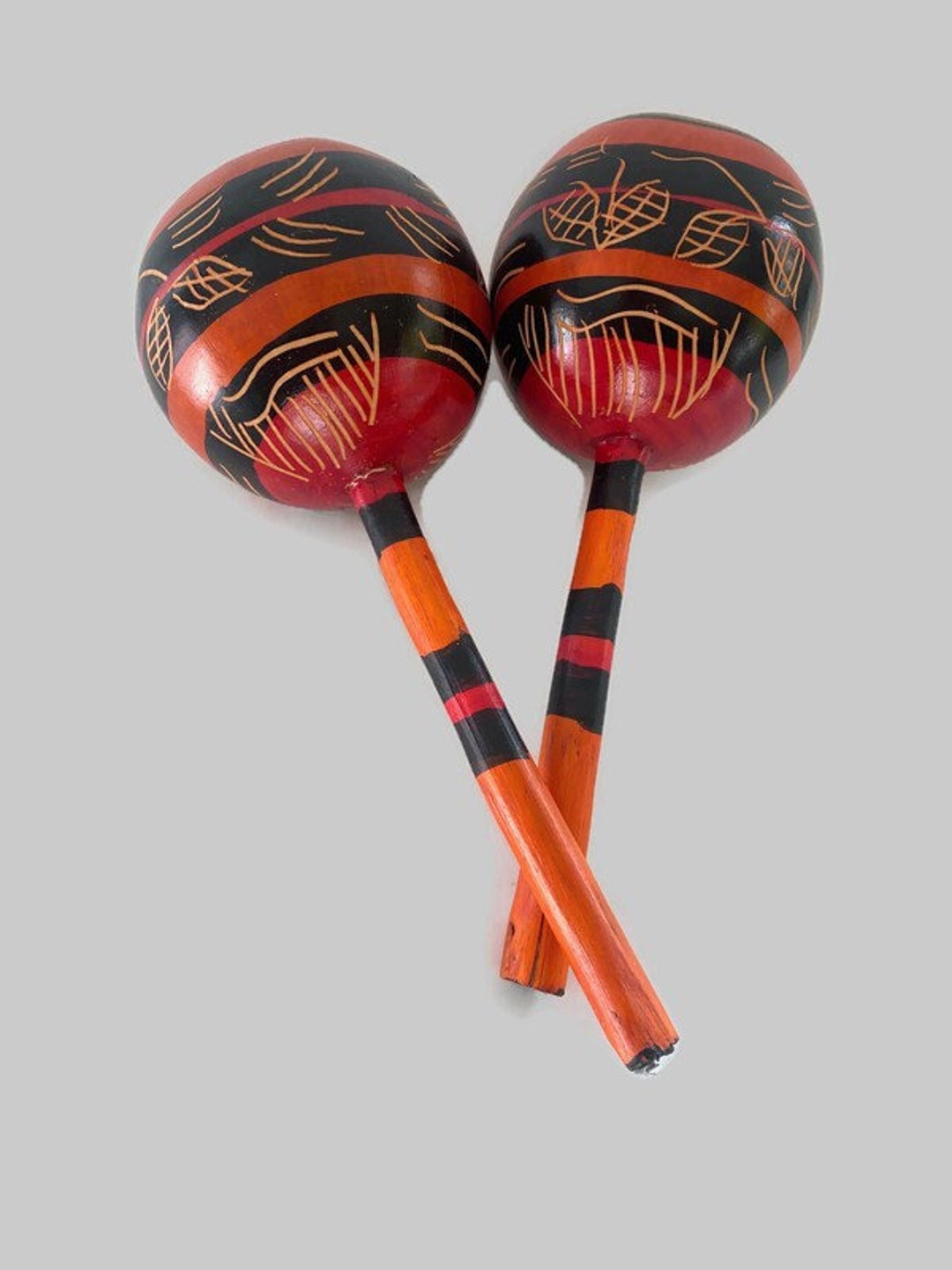 Vintage Hand Etched Wooden Maracas | Set of 2 Colourful Shakers ...