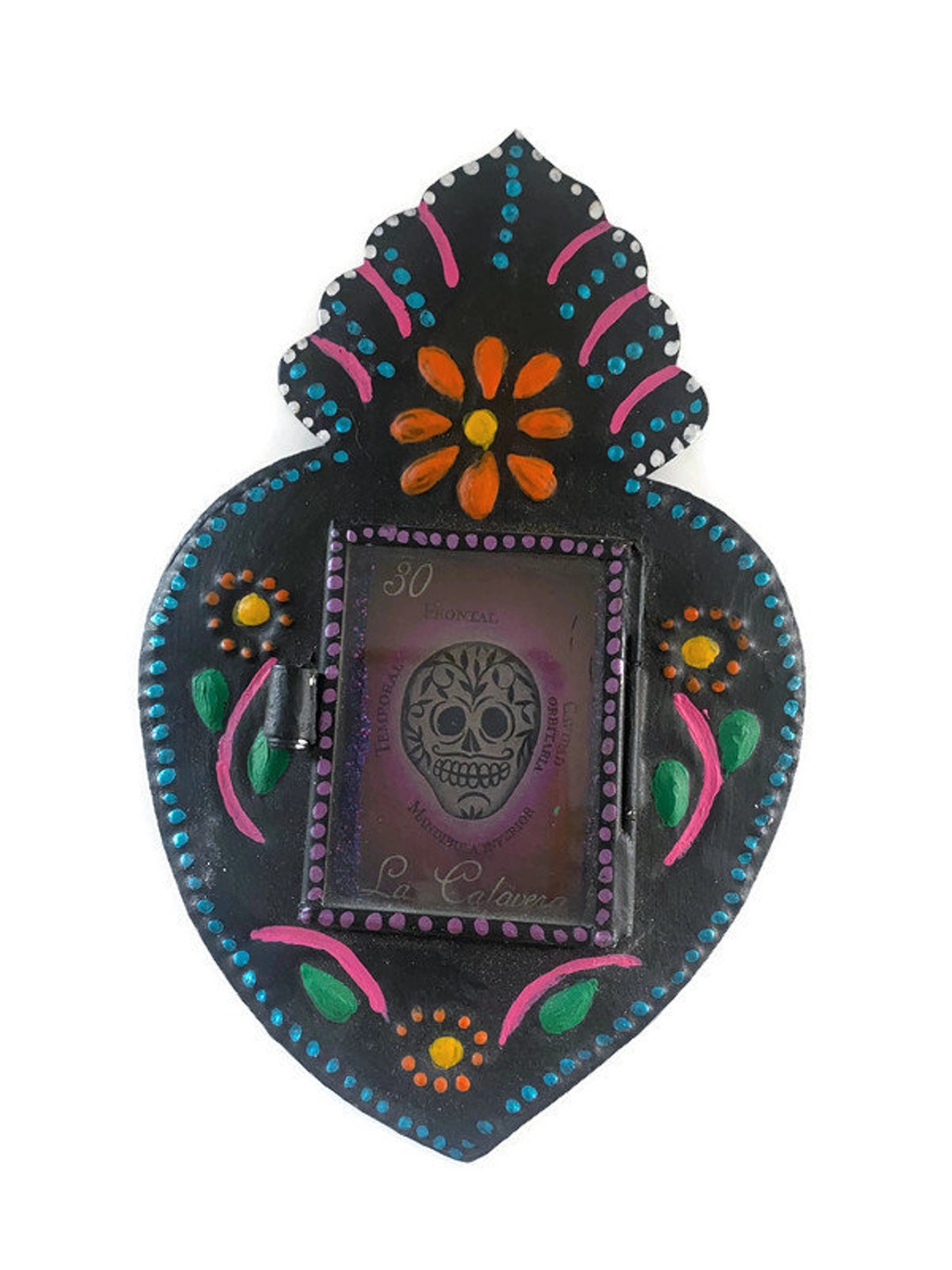 Mexican Tin Shadow Box Sacred Heart Wall Hanging Day of the Dead La ...
