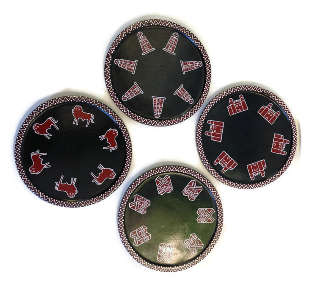 Vintage Ceramic Coasters, Primitive Art Tiles, Stoneware Trivets, Set ...