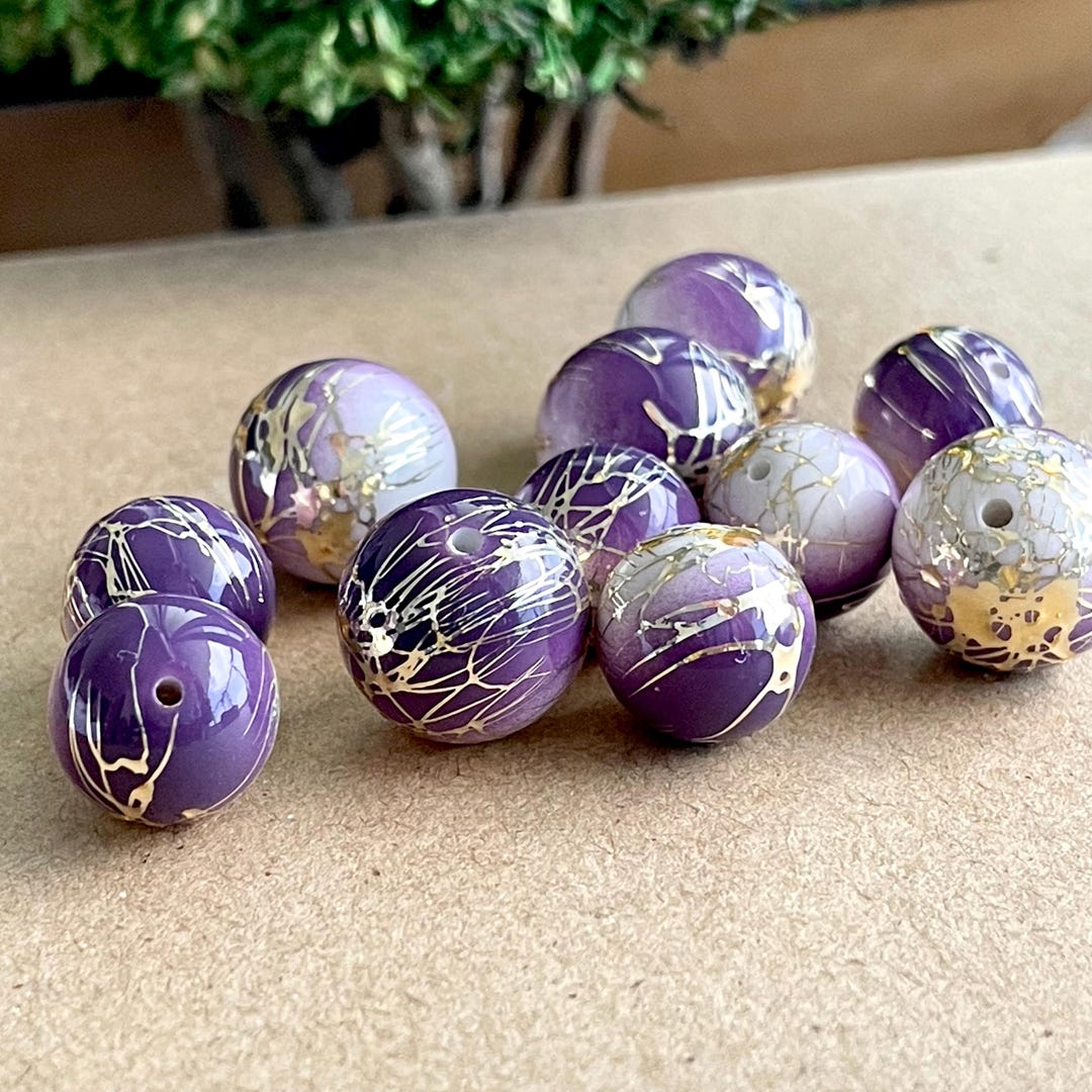 Japanese Arabesque Beads: 8-14mm, Gold Line Arabesque on Violet Purple ...