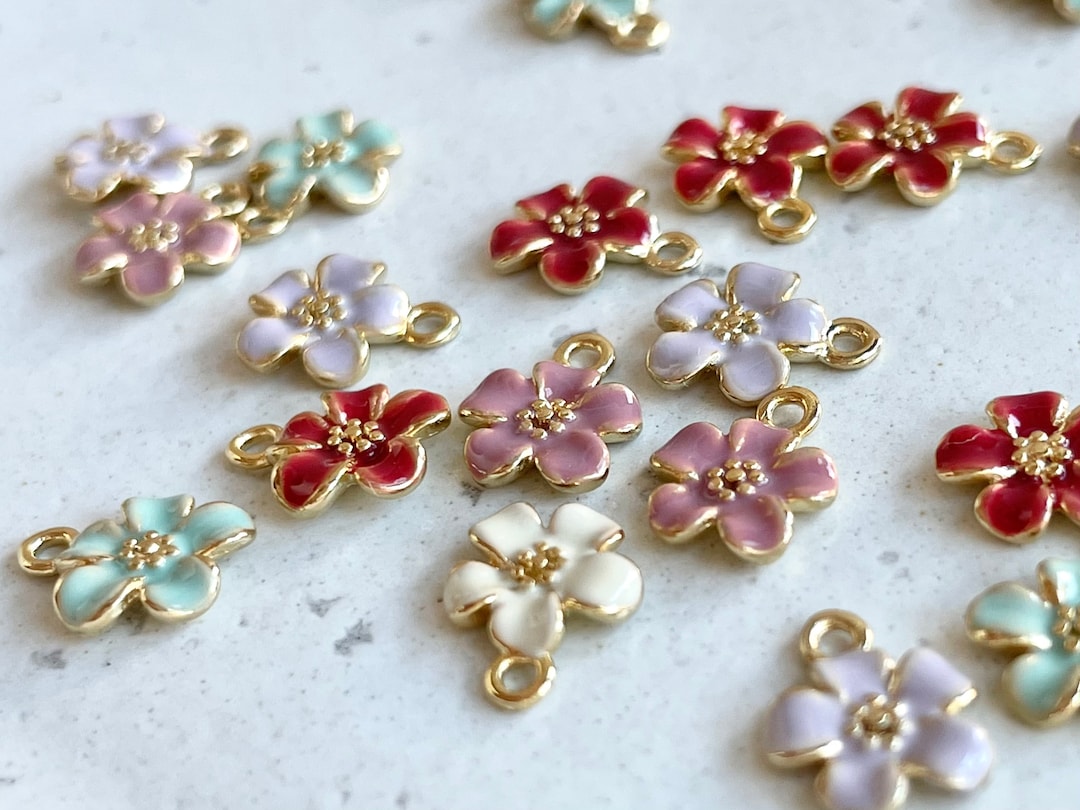 Flower Charm, Tiny, Gold Plated, Enamel, Blue, Pink, Purple, Red, White ...