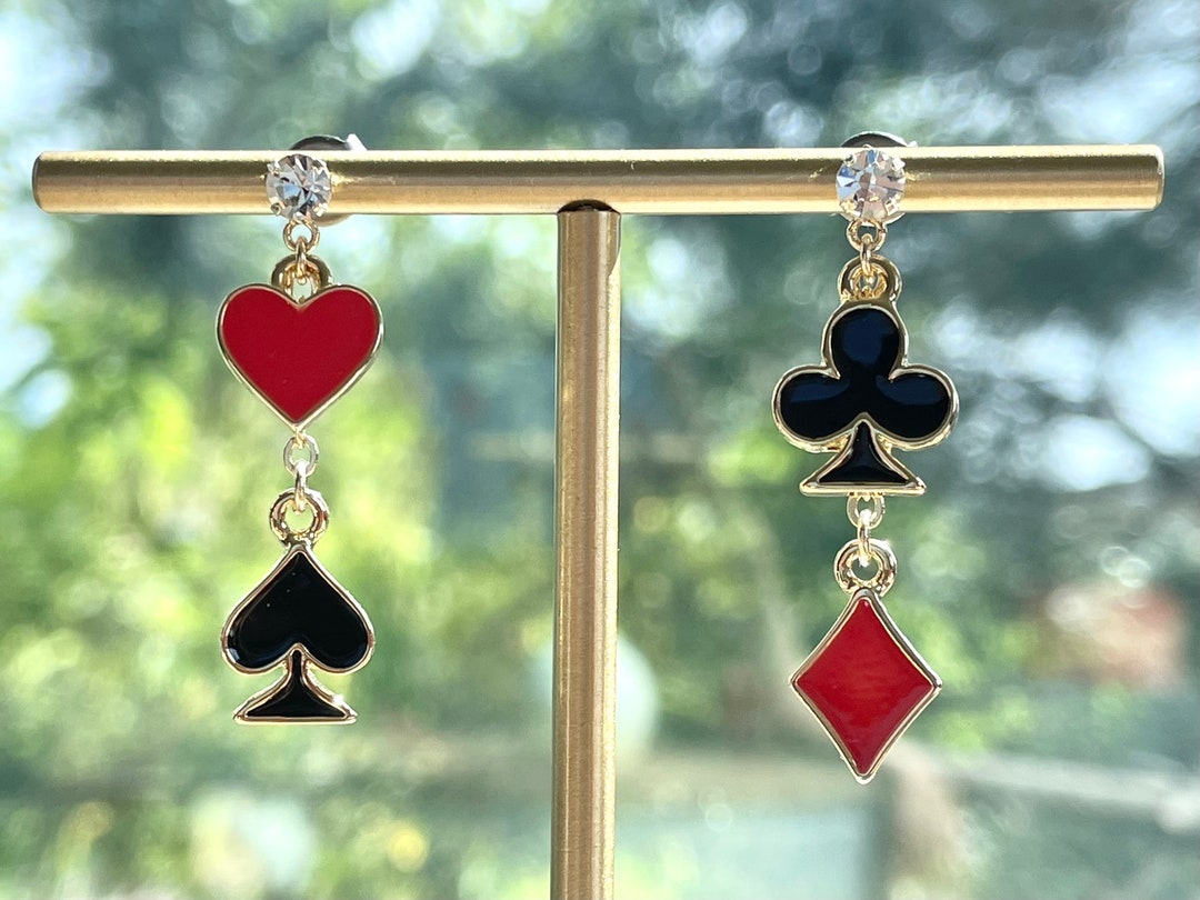 Poker Card Earrings: Gold Plated Brass, Enamel Playing Card Jewelry - Etsy