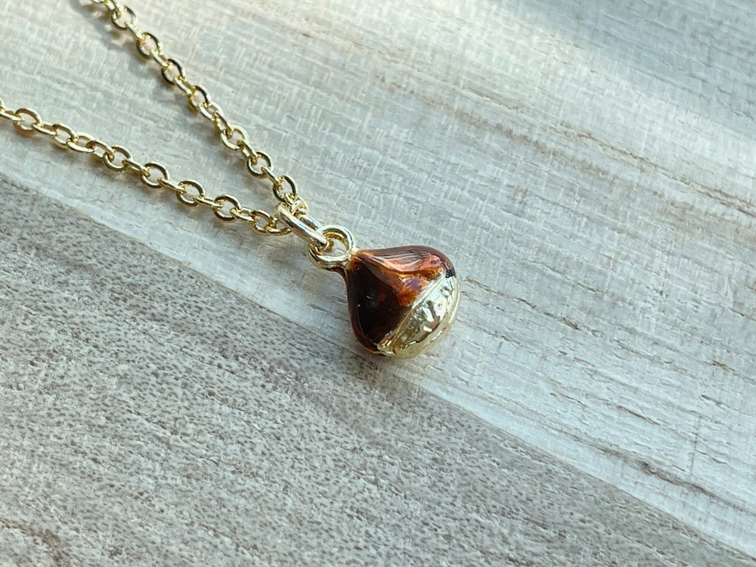 Chestnut Necklace, VERY TINY, Gold Plated, Brown Enamel Chestnut ...