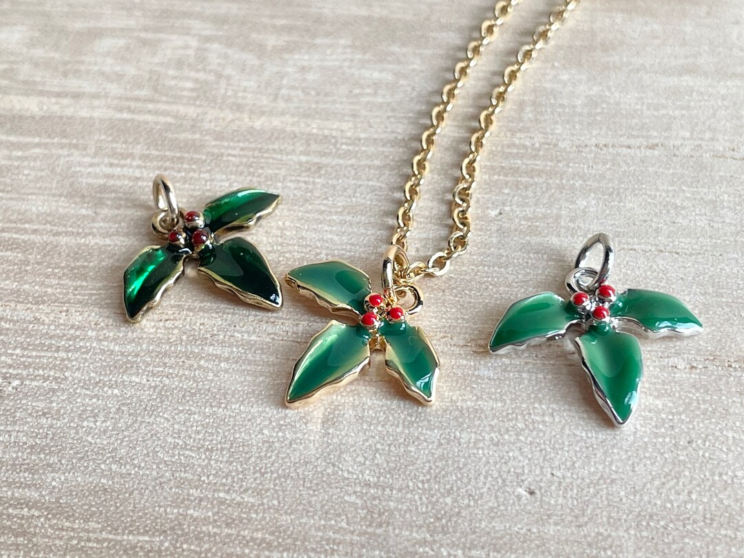 Holly Necklace, Tiny, Antique Gold / Gold / Silver Plated, Enamel Holly ...