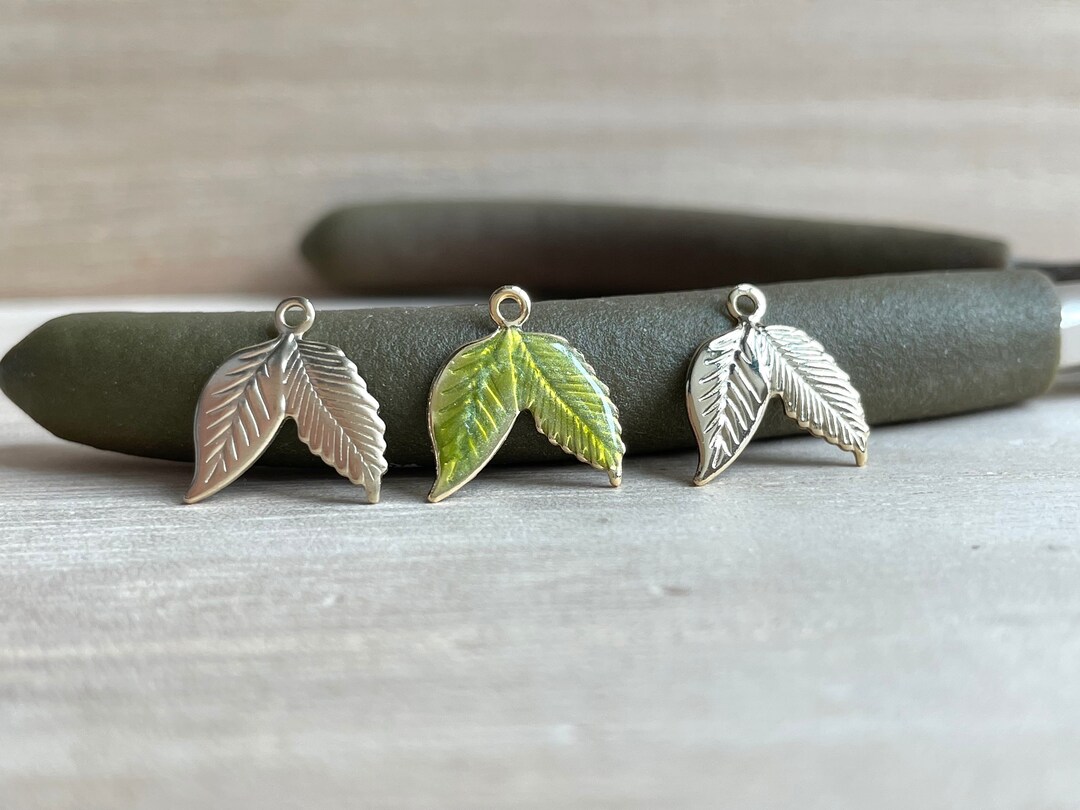 Double Leaves Charm: Tiny, Gold / Matt Gold Plated With Green Enamel ...