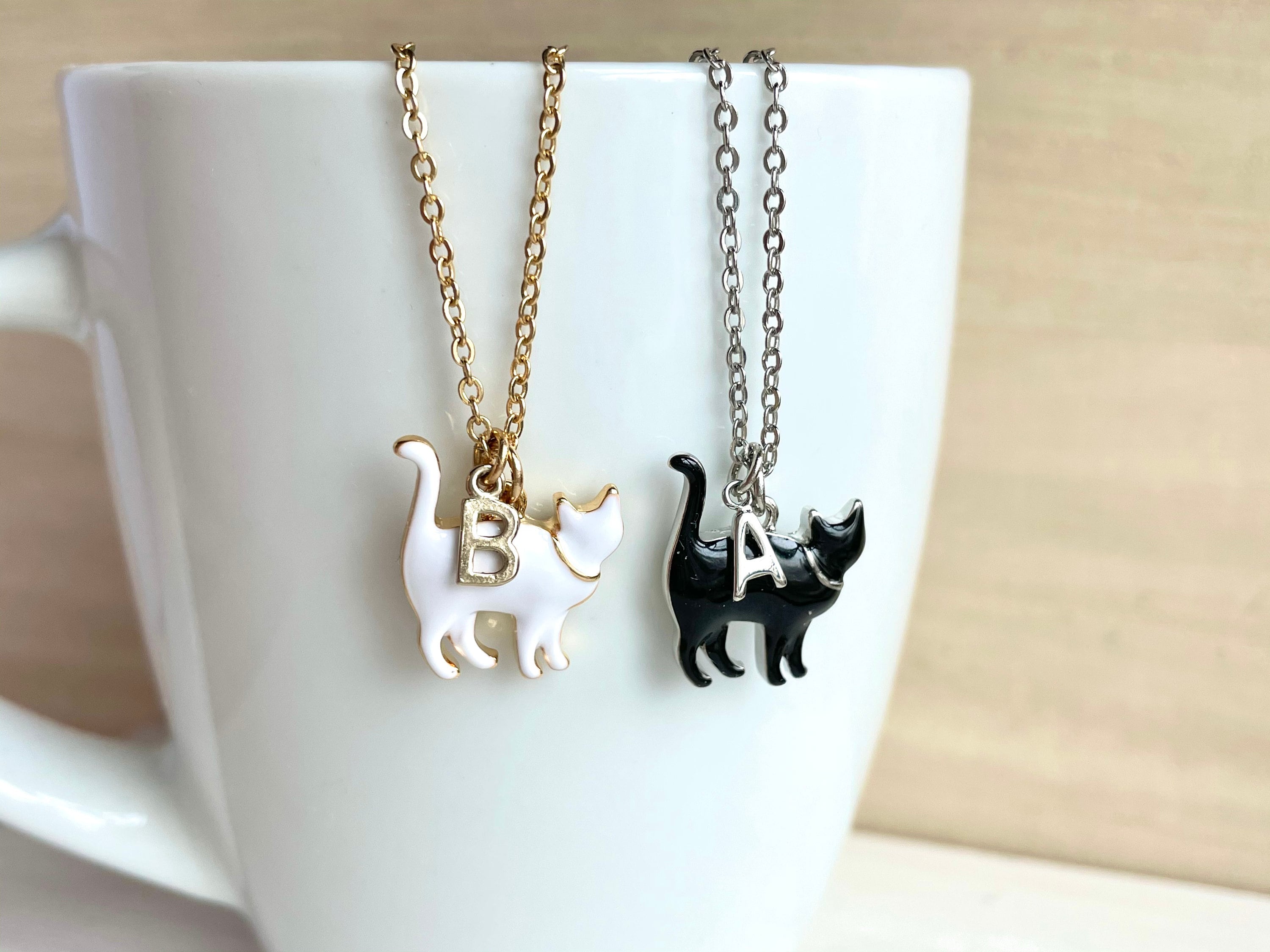 White / Black Cat Necklace Gold / Silver Plated Enamel Cat - Etsy