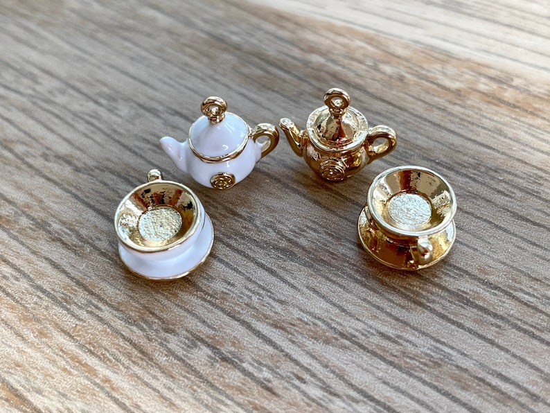 Teapot & Teacup Charms: Gold Plated Enamel Miniature Kitchenware, Alice ...