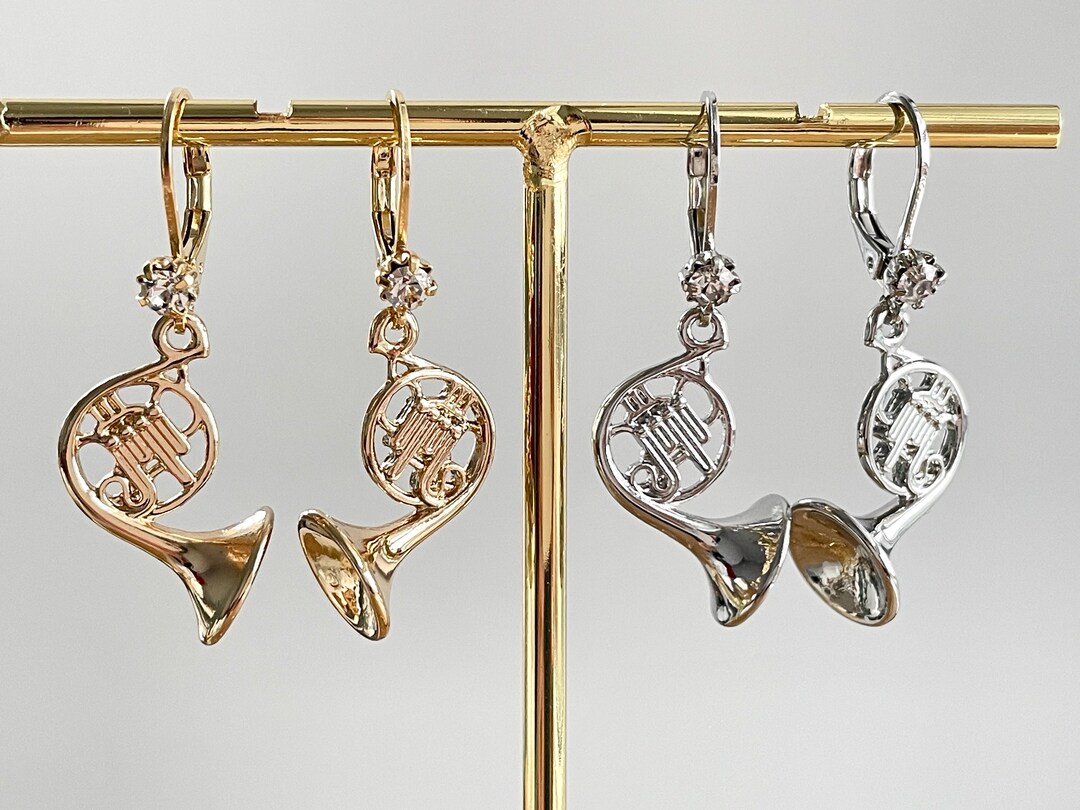 French Horn Earrings, Lever Back, Gold / Silver Plated, Miniature ...