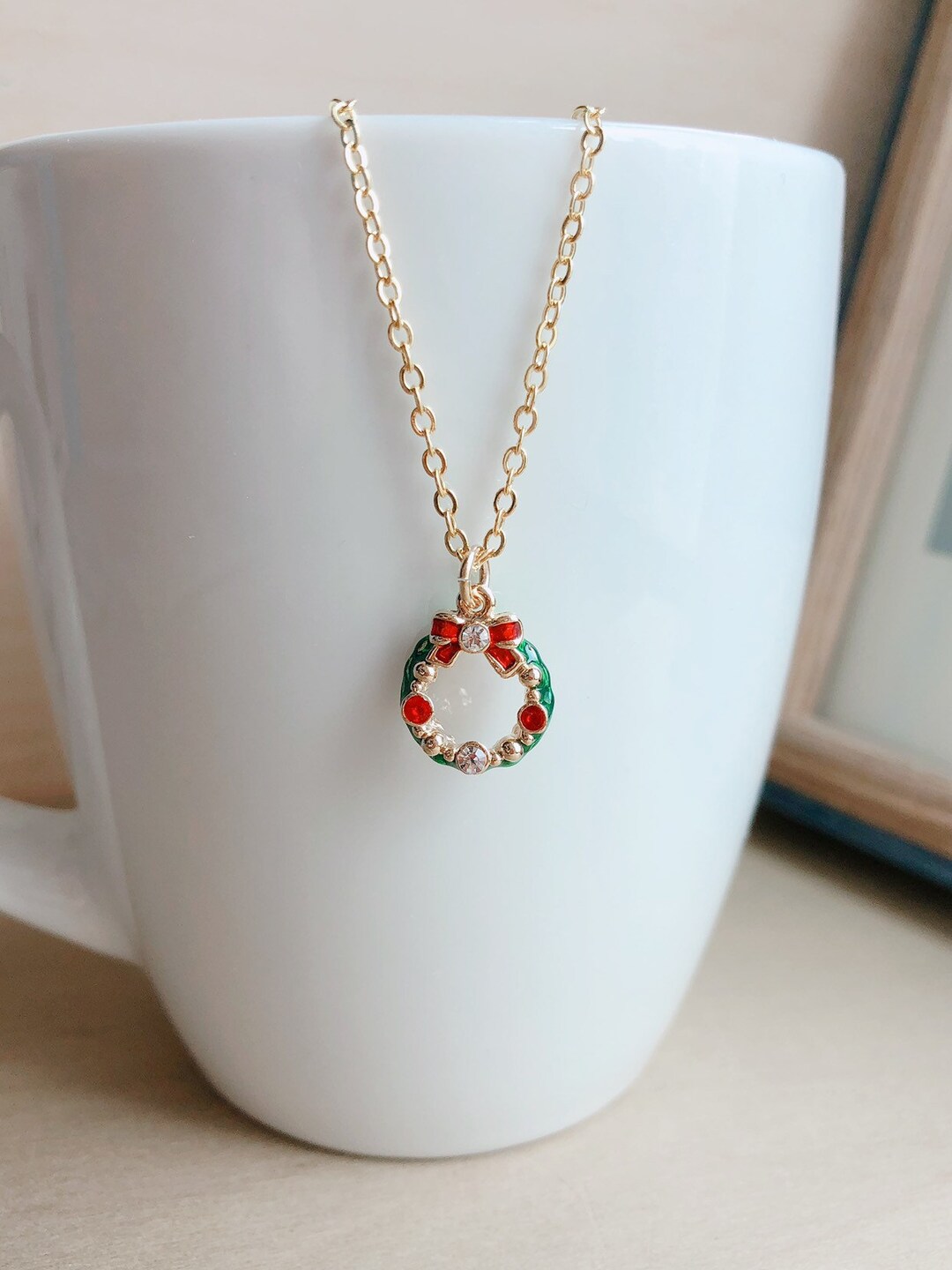 Christmas Wreath Necklace, Gold Plated Enamel, Dainty Cute Xmas Jewelry ...