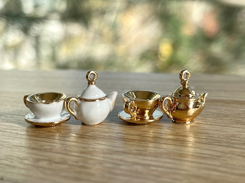 Teapot & Teacup Charms: Gold Plated Enamel Miniature Kitchenware, Alice ...